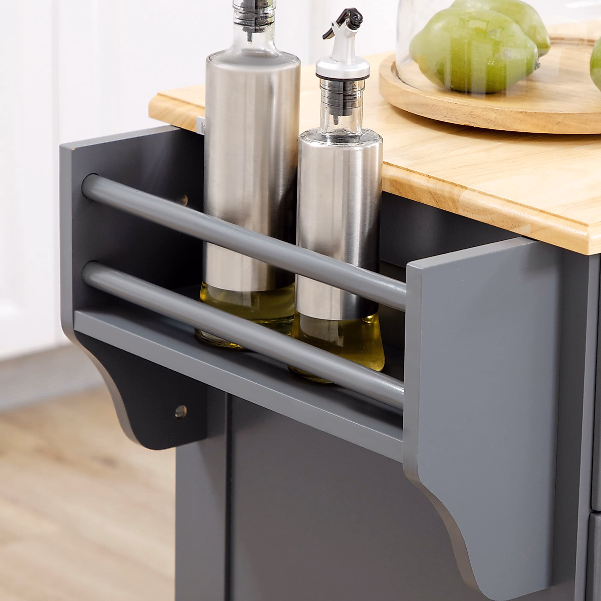 HOMCOM Triple-Cabinet Kitchen Island on Wheels, Kitchen Storage Cabinet with Drawers & Countertop, Rolling Utility Cart with Wood Top, Towel Rack, Spice Stand, Dark Gray