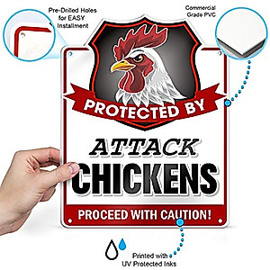 Bigtime Signs Protected by Attack Chickens PVC 9" x 12"| Chicken Fan Lovers Chicken Signs for coop Funny Outdoor | Chicken Coop Signs - Chicken Coop Accessories | Chicken Yard Decorations