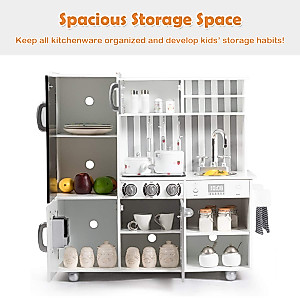 Costzon Kids Kitchen Playset, Wooden Pretend Chef Cooking Set with Simulated Sound, Accessory Utensils, Fringe, Blackboard, Water Dispenser, Oven, Sink, Toddler Kitchen Toy Set Gift for Boys Girls 3+