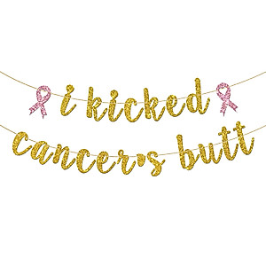 INNORU I Kicked Cancer's Butt Banner, Cancer Surviving Party Decorations, Pink Ribbon Hope, Cancer Theme Party Decoration Gold Glitter