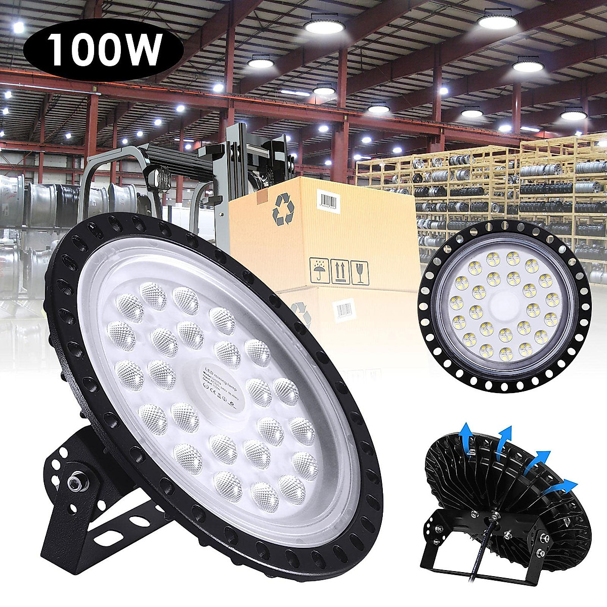 100W UFO LED High Bay Light, 6000-6500K Cool White LED Workshop Light, Ultra Thin Factory Warehouse LED Industrial Lighting, IP65 Waterproof Commercial Bay Lighting for Garage Factory Gym