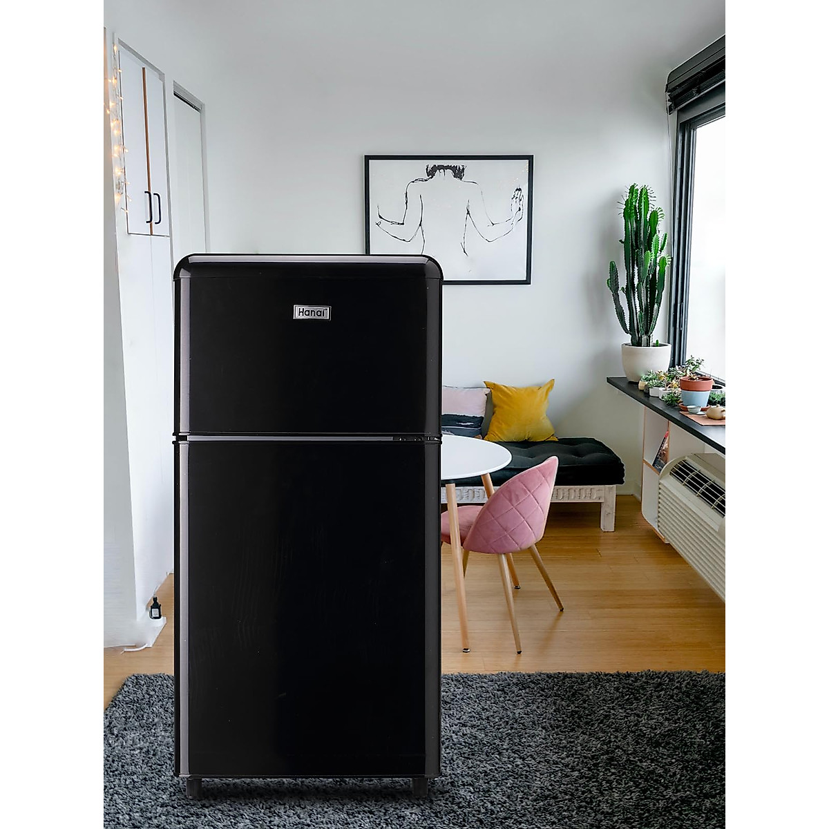 WANAI Compact Refrigerator 3.5 Cu.Ft Retro Black Fridge With Freezer 2 Door Mini Refrigerator with 7 TEMP Modes, LED Lights, Removable Shelves, Ideal for Apartment Dorm and Office, Black