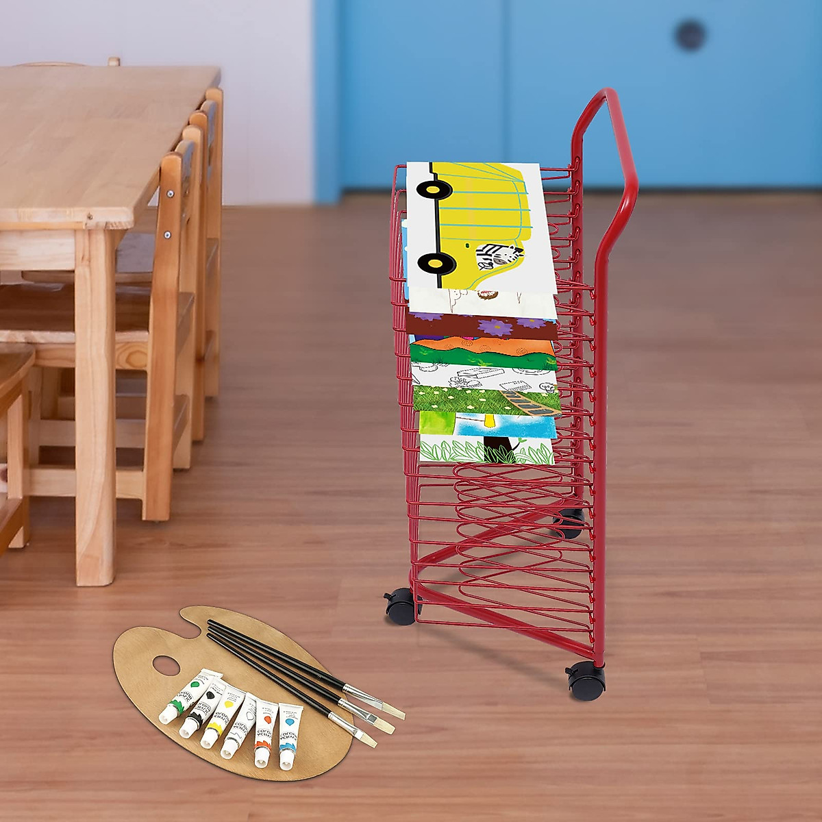 Fermoirper Art Drying Rack - Sturdy Paint Drying Rack with 16 Shelves Ideal for Prolific Painters Suitable for Home Classroom Studio and More A2 A3 A4 Size Compatible Easy to Move with Wheels