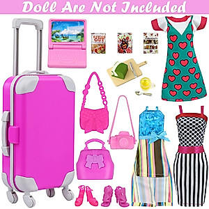 18INDC 17 Pcs Suitcase Clothes and Accessories 3 Dresses 2 Bag 3 Magazine 2 Shoes 1 Matcha Cake Set 1 Miniature Laptop Computer 1 Camera for 11.5 Inch Girl Doll (NO Doll)
