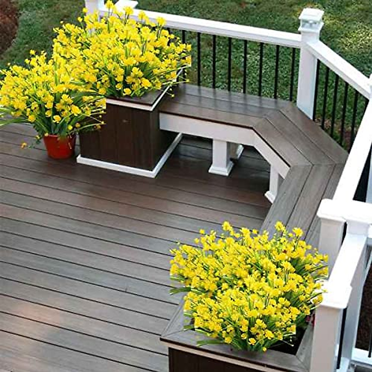 Lesix 8Pcs Artificial Flowers Outdoor UV Resistant Plants, Faux Plastic Greenery Shrubs Plants Indoor Outside Hanging Planter Kitchen Home Wedding Office Garden Decor Yellow