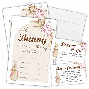 JCVUK Set of 25 Baby Shower Invitations with Envelopes, Diaper Raffle Tickets and Baby Shower Book Request Cards,Boho Bunny Theme Babyshower Party For Boys or Girls(YQKTZ-B04)