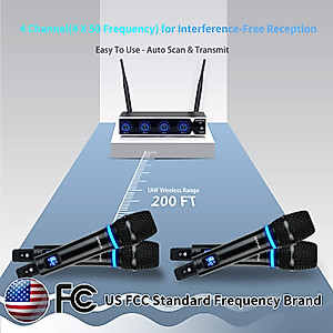ZERFUN 4 Channel Rechargeable Wireless Microphone System, Pro UHF Metal Handheld Wireless Microphones Cordless Mics for Karaoke Singing Church with VOL Control, 4x50 Adjustable Frequency(G8)