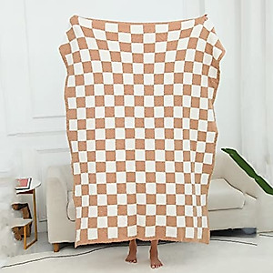 Luxury Fuzzy Blanket Checkerboard Blanket Lightweight Throw Blanket - Super Soft Warm Cozy Microfiber Blanket for Chair, Sofa, Couch, Bed, Camping, Travel (Orange Khaki)