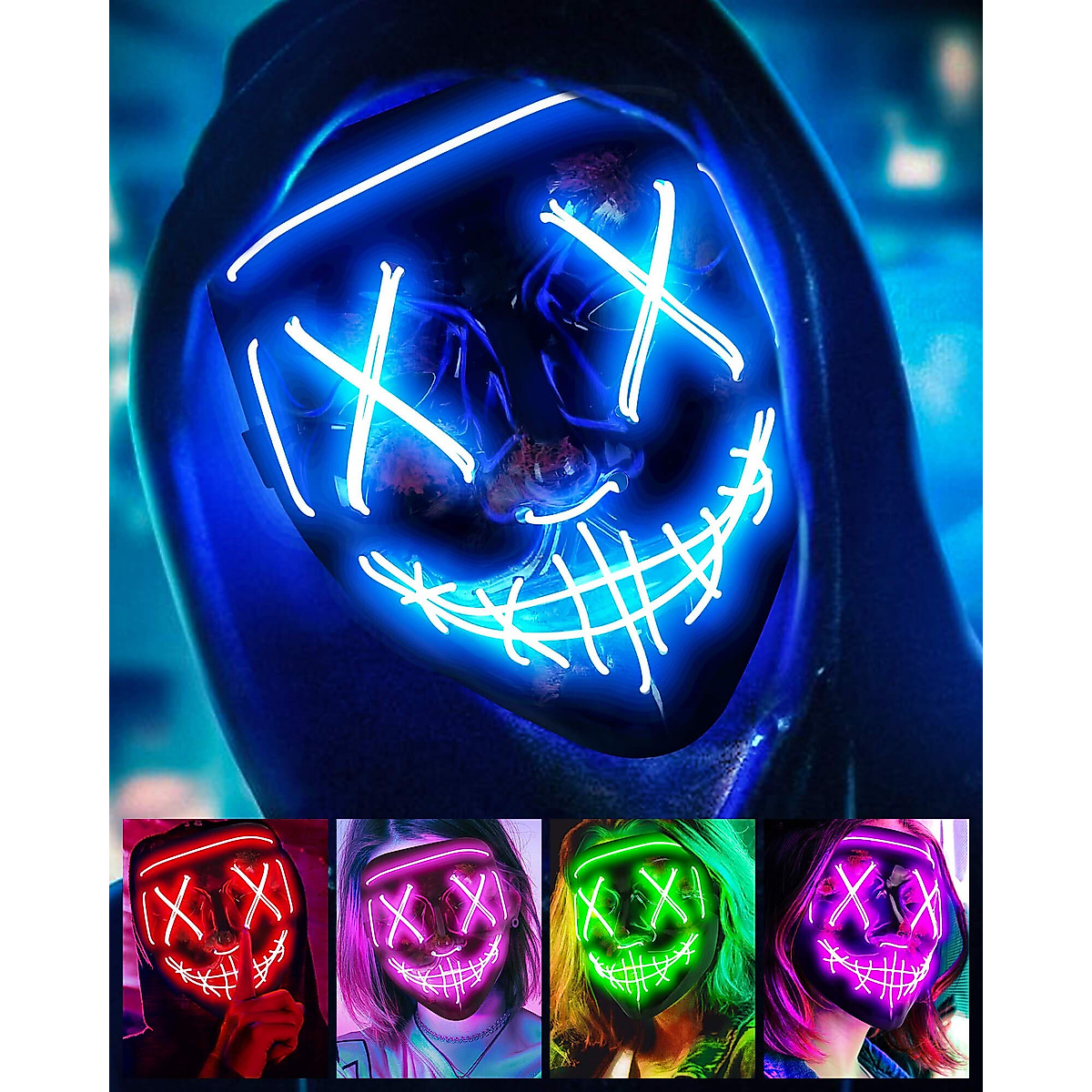 Sago Brothers Halloween Mask, LED Light Up Mask, Scary Mask for Carnival, Halloween Costumes Gifts for Men Women Boys Girls, Blue