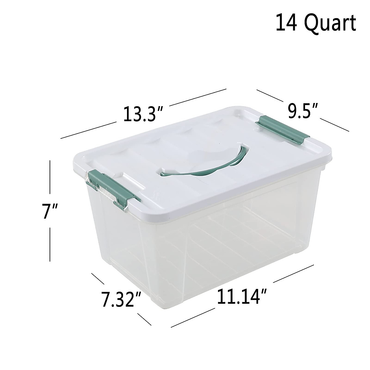 Pekky 1 Pack Plastic Small Latch Storage Box, 14 Quart Clear Lidded Storage Bin with Green Handle