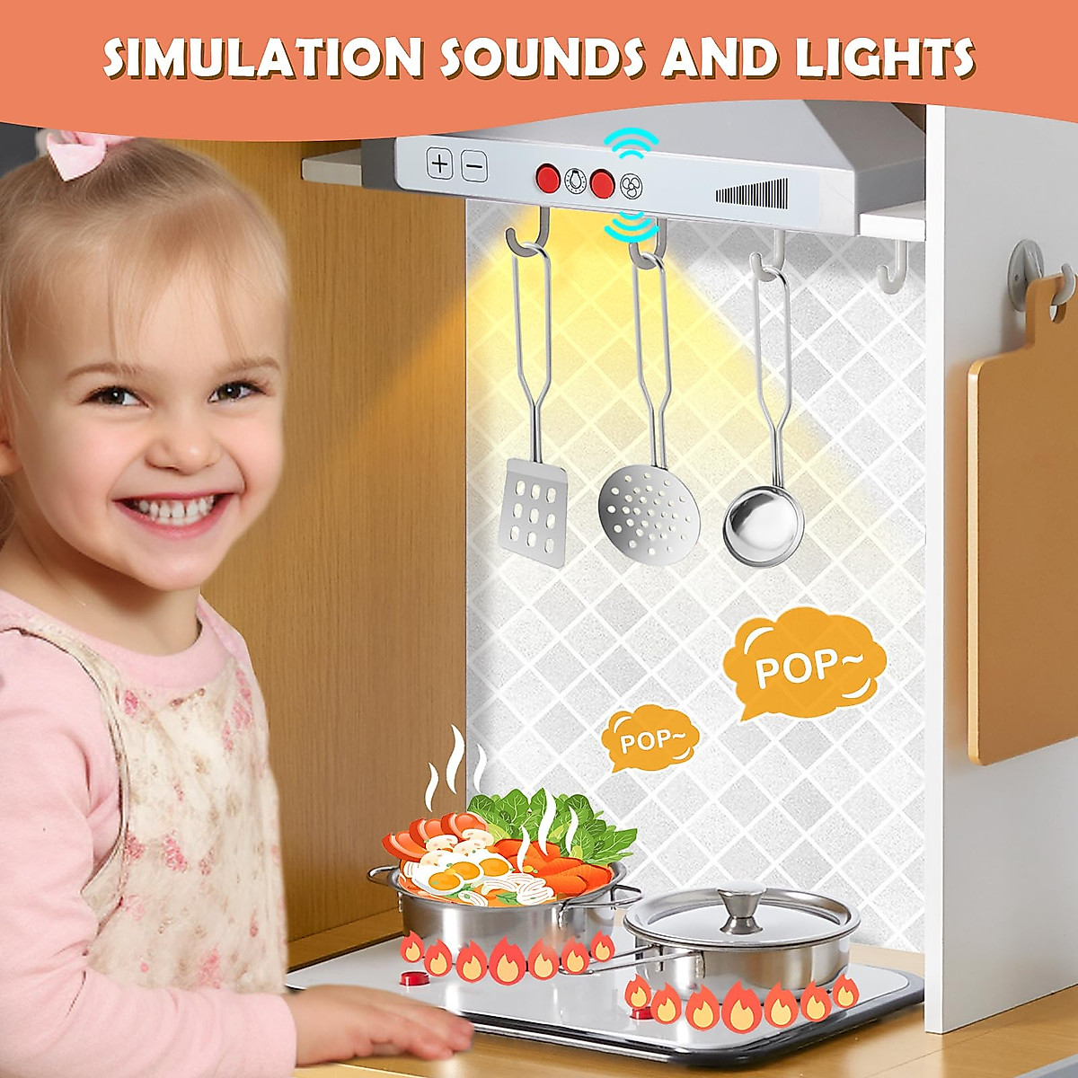 JOYLDIAS Kids Play Kitchen Set, Wooden Free Combination & Movable Pretend Toddler Kitchen Toy with Real Sound and Light, Ice Maker, Oven,Washer,Blackboard and Cookware Accessories for Age 3+ Toddlers