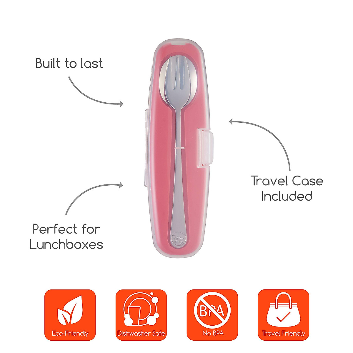 Innobaby Din Din Smart Stainless Steel Spoon and Fork with Carrying Case. Utensil Set for Kids and Toddlers. BPA Free. Pink. (DS-SSF02)