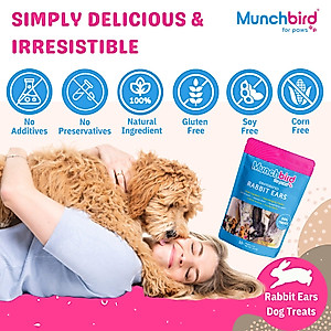Munchbird Dehydrated Rabbit Ears (3.5 oz, 12-15 Counts) for Dogs & Cats, European Furry Rabbit Ear Natural Fiber for Dogs, Rawhide Free Alternative to Pig Ears for Dogs, Ear Size Varies