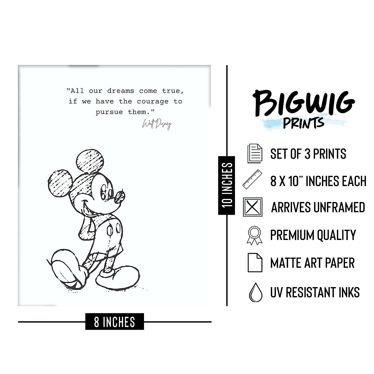BigWig Prints Mickey Mouse Wall Decor - Mickey Mouse Wall Art Quotes, Nursery Decor Pictures, Motivational Inspirational Room Decoration Posters, Bathroom Art Classroom - Unframed 3 Pack (8x10)