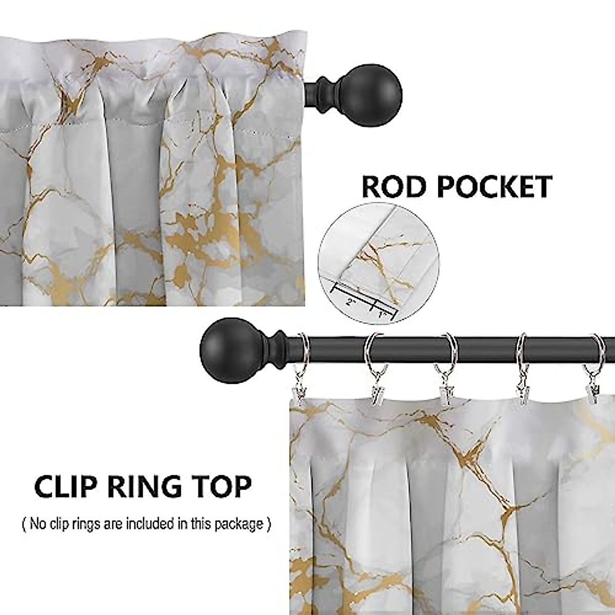ULQUISNCE Marble Luxury Gold Tier and Swag Window Curtain Set, 3Pcs Kitchen Curtain Marble Art Valance Set White Rod Pocket Curtain for Kitchen Window Modern Unique Patterns