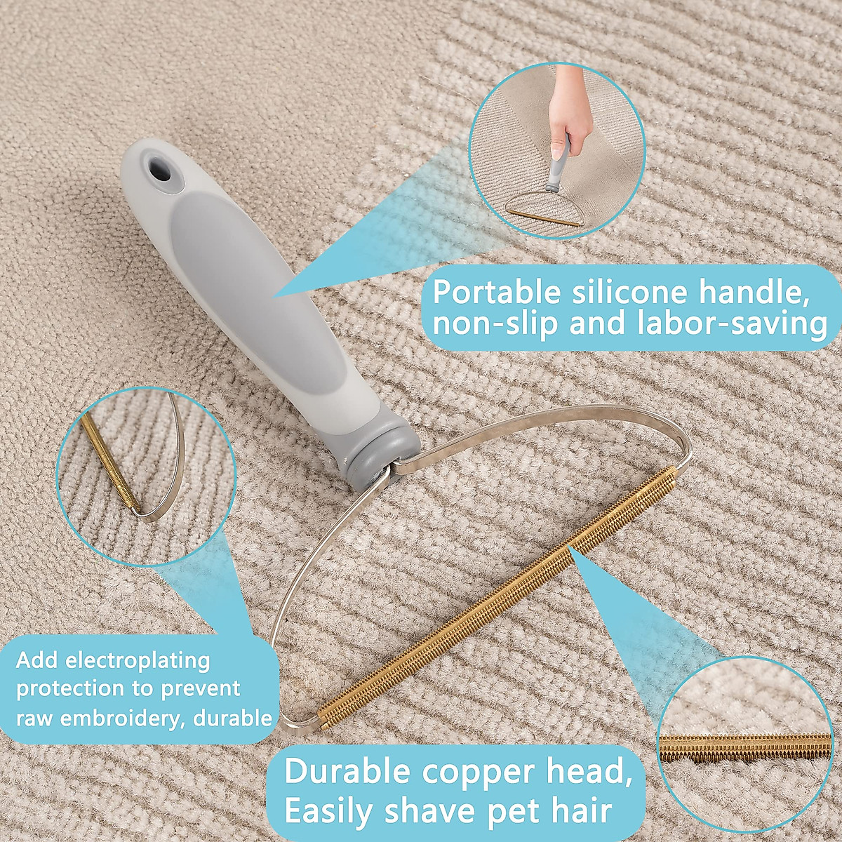 Reusable Lint Roller, Dog Cat Hair Remover, Dog Hair Carpet Rake Remove Everyday Furniture, Clothes, Car Upholstery Pet Hair, 2-Pack Combination Carpet Hair Removal Tool Gray