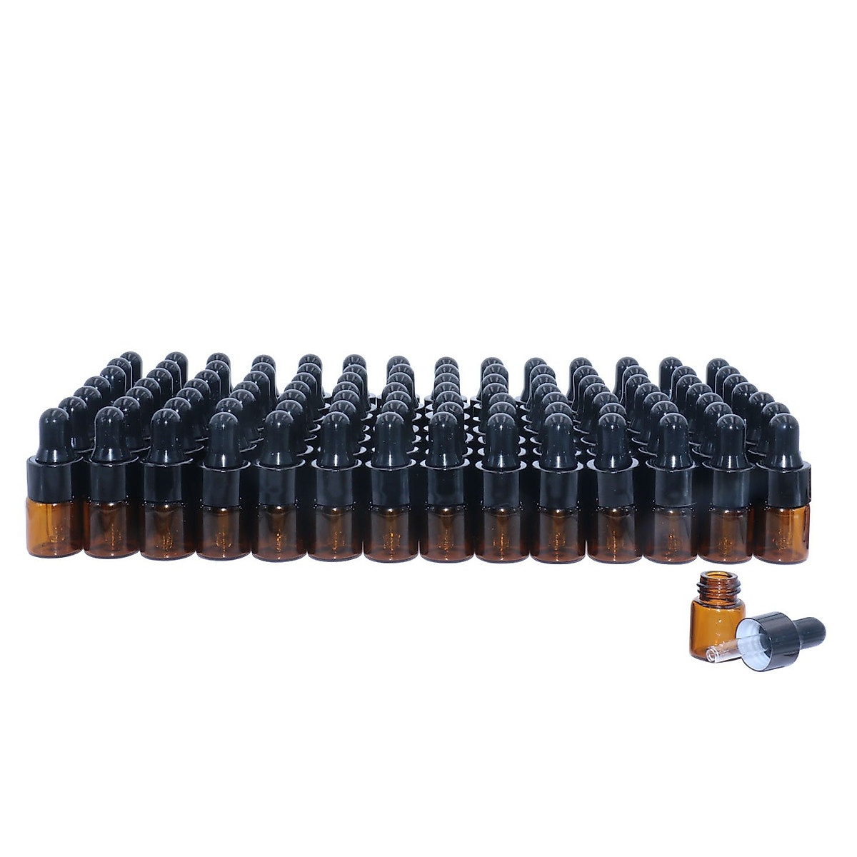 Pack of 100,2ml (5/8 dram) Amber Glass Dropper Bottle,Empty Sample Vial Glass Eye Dropper Aromatherapy Liquid Perfume Essential Oil Bottles with Glass pipette&Black Aluminum caps