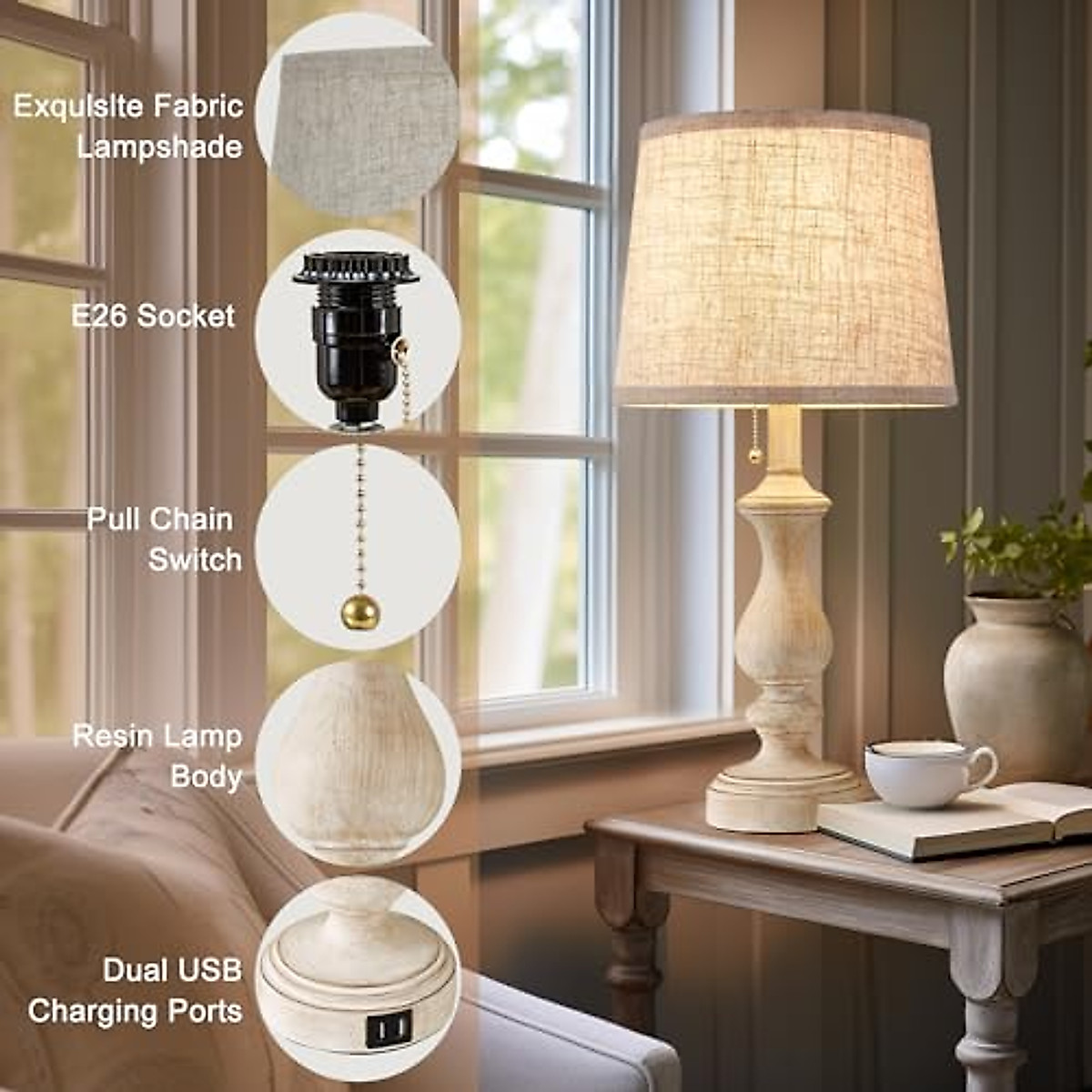 Drawealth Farmhouse Bedside Table Lamp with USB Charging Ports Traditional Bedroom Lamps for Nightstand Set of 2 White Table Lamp for Living Room Study Room Washed Finish, Bulbs Not Included