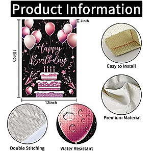 Happy Birthday Garden Flag Balloons Pink Birthday Cake Yard Flags 12x18 Inch Double Sided Burlap Banner for Farmhouse Outdoor Prime Birthday Party Celebration Decoration(ONLY FLAG)