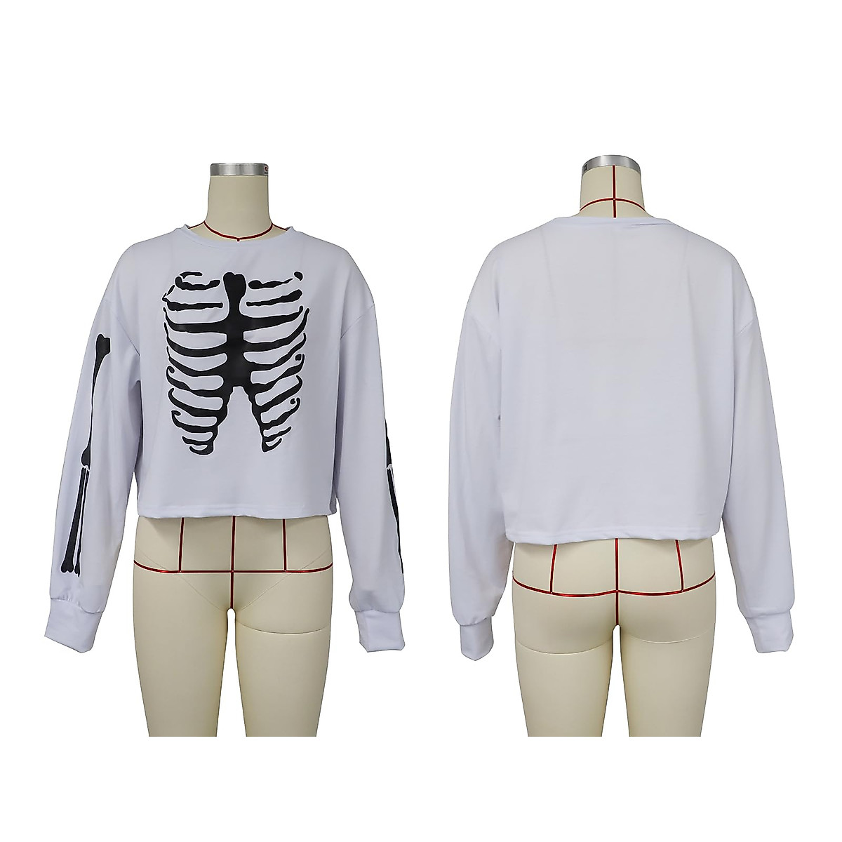 Halloween Crewneck Sweatshirt Women Cropped Skeleton Sweatshirts Jumper Pullover Tops White XL