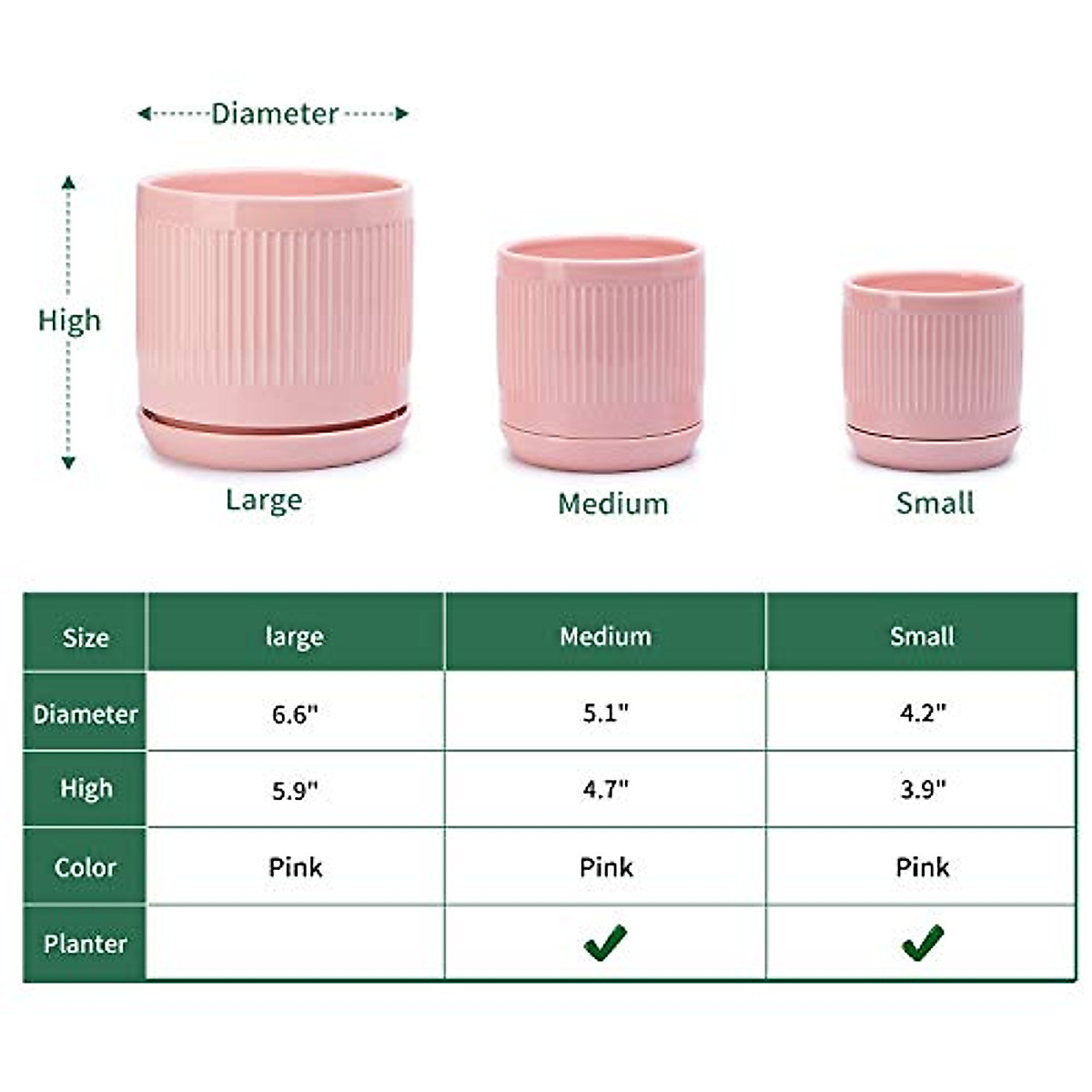 POTEY 053206 Ceramic Planter Pots - Glazed Modern Planters Flower Pot Indoor Bonsai Container with Drainage Holes & Saucer for Plants Aloe(5.1 + 4.2 Inch, Shiny Pink, Set of 2, Plants Not Included)