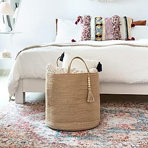 Mkono Tall Wicker Laundry Basket Woven Storage Basket Decorative Natural Rope Basket Wooden Bead Decoration for Blankets,Toys,Clothes,Shoes,Plant Organizer Bin with Handles Living Room 15"Wx17.7"L