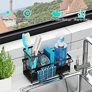 Godboat Sponge Holder for Kitchen Sink - Kitchen Sink Organizer with Brush Holder, 201 Stainless Steel, Sink Caddy with Auto-Drain, 360° Swivel Spout, Cool Gadgets for Apartment, Farmhouse and RV