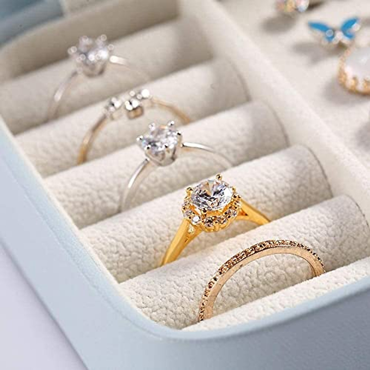 ZZYINH AN207 Korean-Style Double-Sided Jewlery Box Portable Jewelry Box Leather Ear Stud Ring Necklace Earrings Storage Box Small Jewelry (Color : Blue)