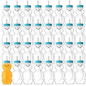 Uiifan 32 Pcs Honey Bear Straw Cup 8 oz Straw Cups Bottles Juice Bear Cup Bear Bottle Bear Sippy Cup with Straw Flexible Toddler Cups for Infant Feeding and Drinking Training (Blue)