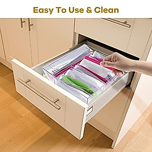 Acrylic Ziplock Bag Storage Organizer w/ 4 Compartments, Clear Baggie Organizer for Kitchen Drawer, Compatible with Ziploc, Gallon, Quart, Sandwich & Snack Variety Size Bag