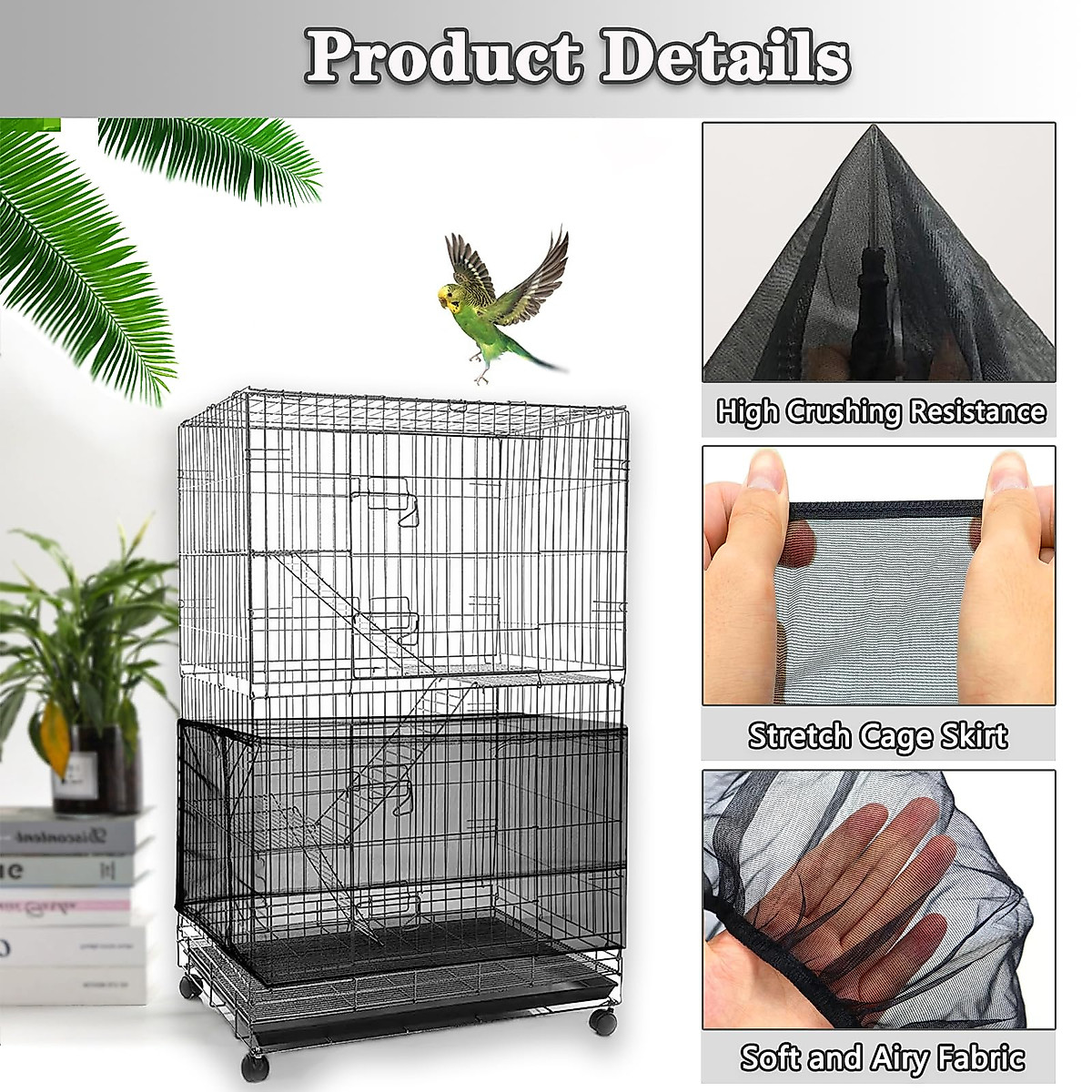 Bird Cage Seed Catcher, Bird Cage Net Cover Adjustable Bird Cage Netting Seed Catcher for Bird Cages Seed Catcher Guard Net Cover Bird Cage Skirt for Parrot Parakeet Macaw Round Square Cages - Black