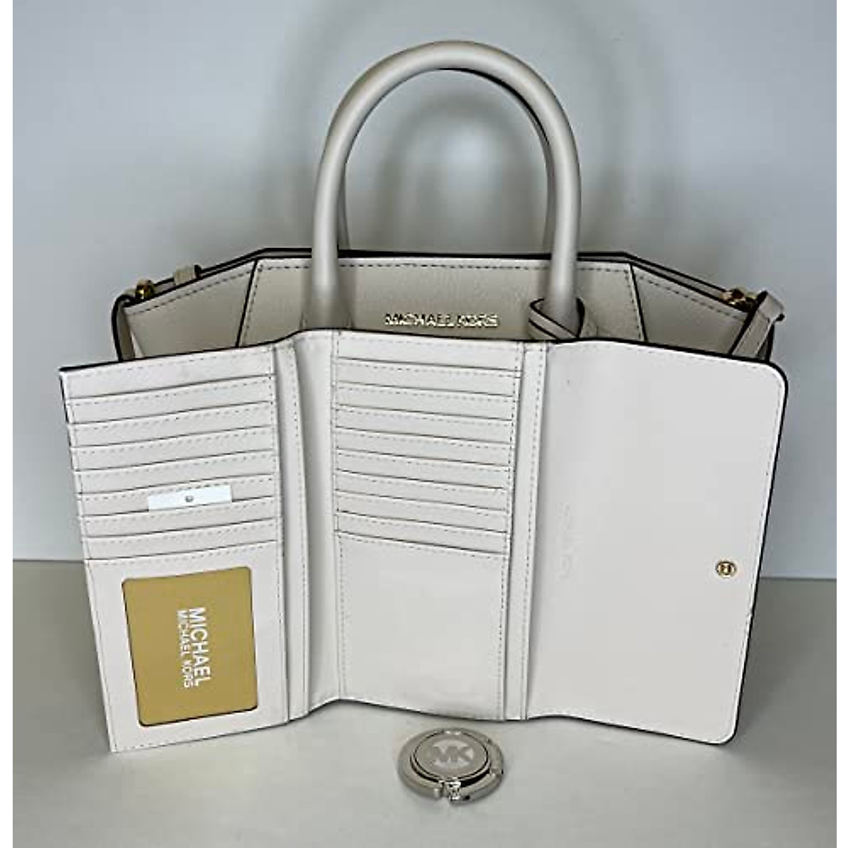Michael Kors MICHAEL Michael Kors Avril Small Logo Top-Zip Satchel bundled with Trifold Wallet Purse Hook (Lt Cream)