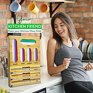 Bamboo Zip Lock Bag Kitchen Drawer Organizer - 9-in-1 Wrap Dispense with Cutter, Compatible with Gallon, Quart, Sandwich, and Snack Bags