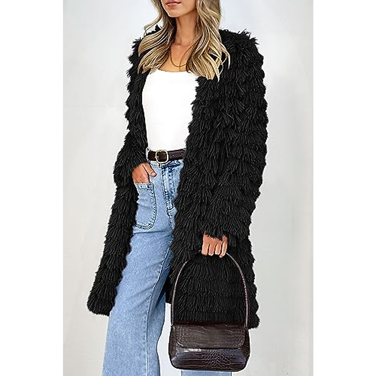 PRETTYGARDEN Women's Winter Faux Fur Jackets Fall Fashion Open Front Long Shaggy Coat Outerwear (Black,Medium)