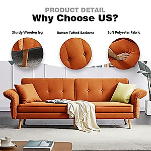 DENOSEN First-Class Cabin Futon Couch Bed with Convertible Back and Armrests, Includes 2 Free Pillows and Supports Up to 600lbs: Modern 3 Seater Sleeper with Wooden Leg Sofabed, 84'', Orange Polyester