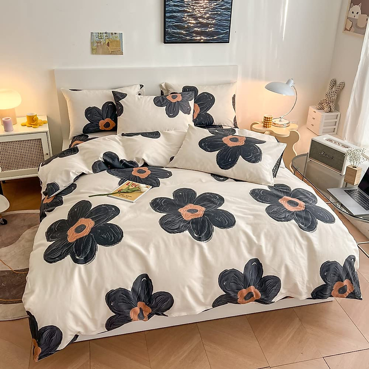 BlueBlue Flower Kids Duvet Cover Set, 100% Cotton Bedding for Boys Girls Teens, Cartoon Cute Dark Gray Black Floral Pattern on Cream White, 1 Full Comforter Cover 2 Pillow Shams (Queen)