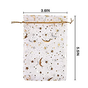 FUSHENMU 100pcs 4x6 Inch White Organza Jewelry Gift Bag,Moon Star Drawstring Candy Bag Pouch for Wedding Baby Shower Party Gift Wrapping Supply