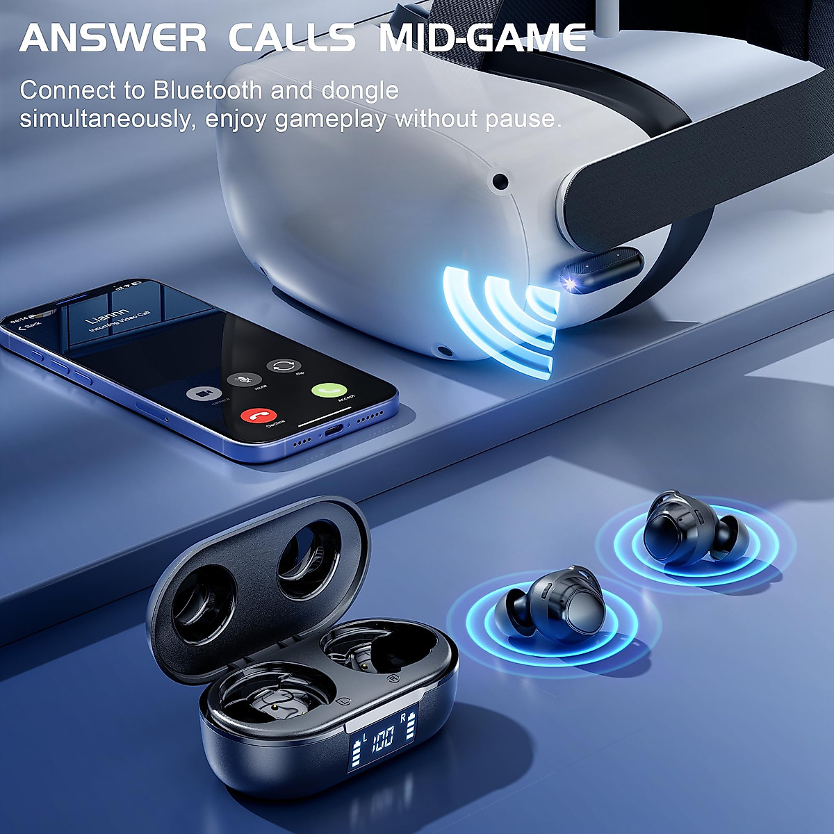 IAMJOY Wireless Gaming Earbuds, 20ms Low Latency, Game Earbuds with Mic, 2.4GHz & Bluetooth, Compact LED Display Wireless Earbuds Compatible with Meta Quest 3/2, PS5/4, Steam Deck, VR, Switch, PC
