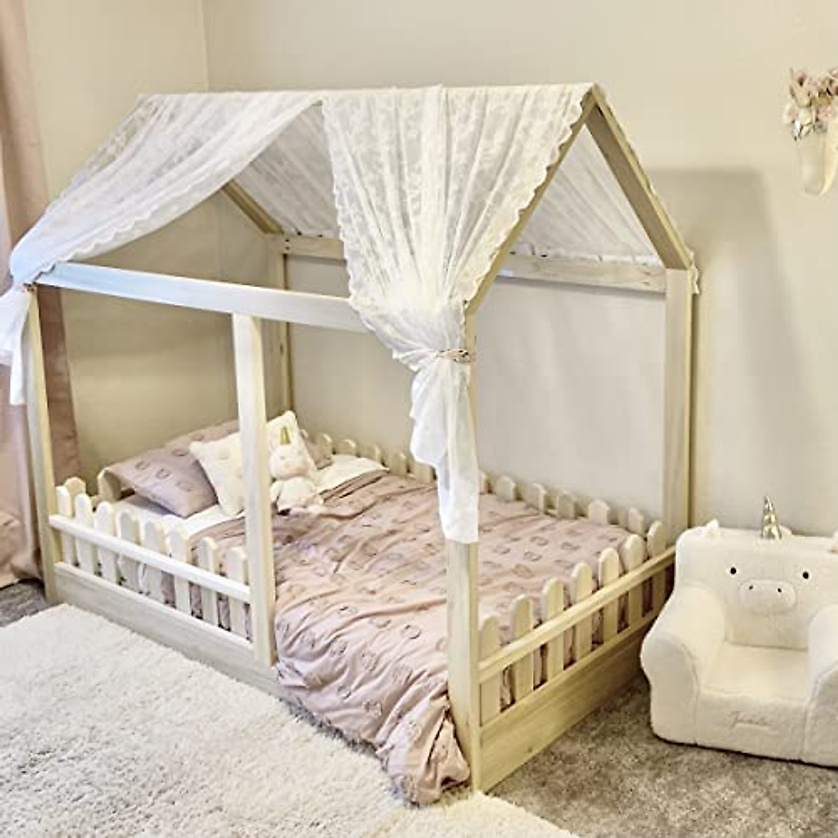 Twin Full or Queen Size House Bed with Picket Fence Railings Handmade in USA