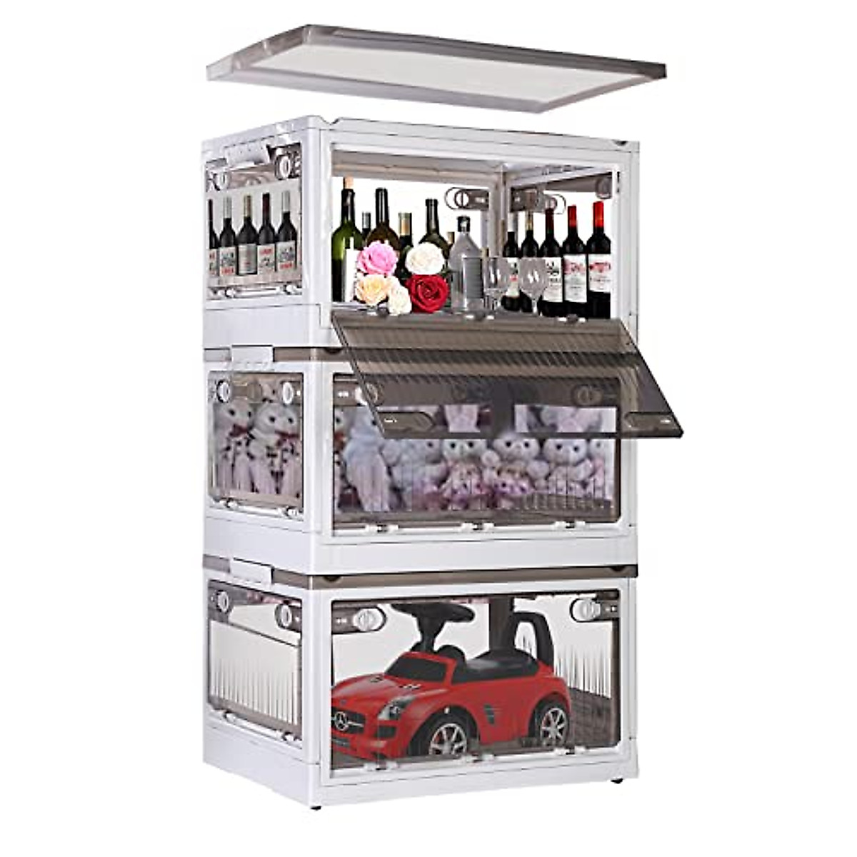 haomsj 3 PCS Folding Storage Box with Lid for Organization, 25QT Stackable Storage Box with Wheels, Five-door Folding Plastic Containers for Ornament, Books