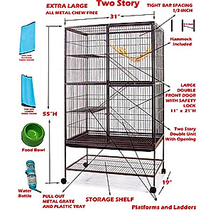 Extra Large Two Full Story Tight 1/2-Inch Bar Spacing Double Large Front Doors for Feisty Ferret Chinchilla Rat Mouse Hamster Gerbil Small Animals Critters Rolling Stand Cage