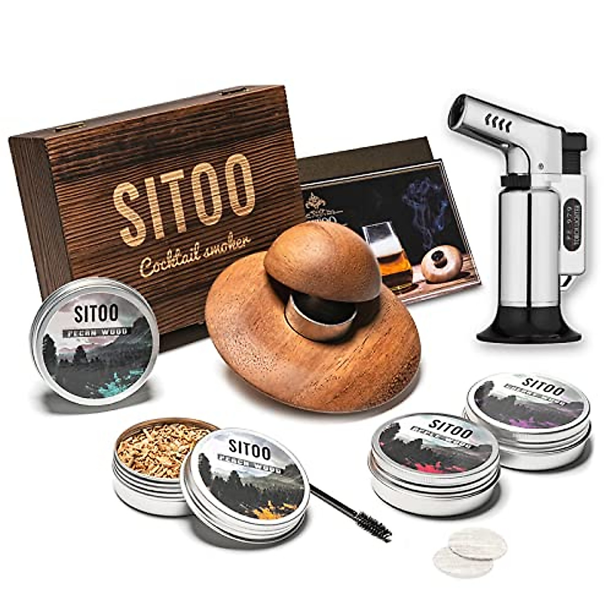 SITOO Cocktail Smoker Kit with Torch, Wood Chips for Whiskey and Bourbon - Drink Smoker for Smoke Infusion in Cocktails and Drinks - Gift for Whiskey Lover, Dad, Husband
