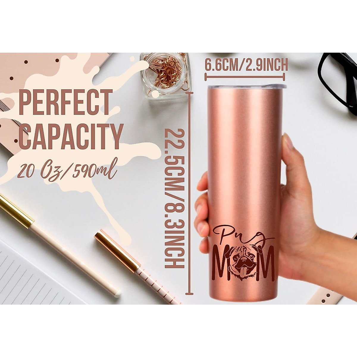 Onebttl Pug Gifts, Dog Lover Gifts, Gifts for Dog Mom, Dog Owner, Women, Girls, Friends, Daughters, Coworkers, 20Oz Skinny Tumbler, Pug Mom, Rose Gold