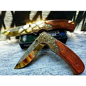 masterdish Gold WOOD HANDLE Pocket Knife Rainbow Gold Blade 3cr13 Steel Overall Length 8.5inch cvrt-1-4