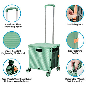 Foldable Utility Cart Portable Rolling Crate Handcart Shopping Trolley Collapsible 4 Rotate Wheels with Durable Heavy Duty Plastic Telescoping Handle for Travel Shopping Moving Storage Office Use
