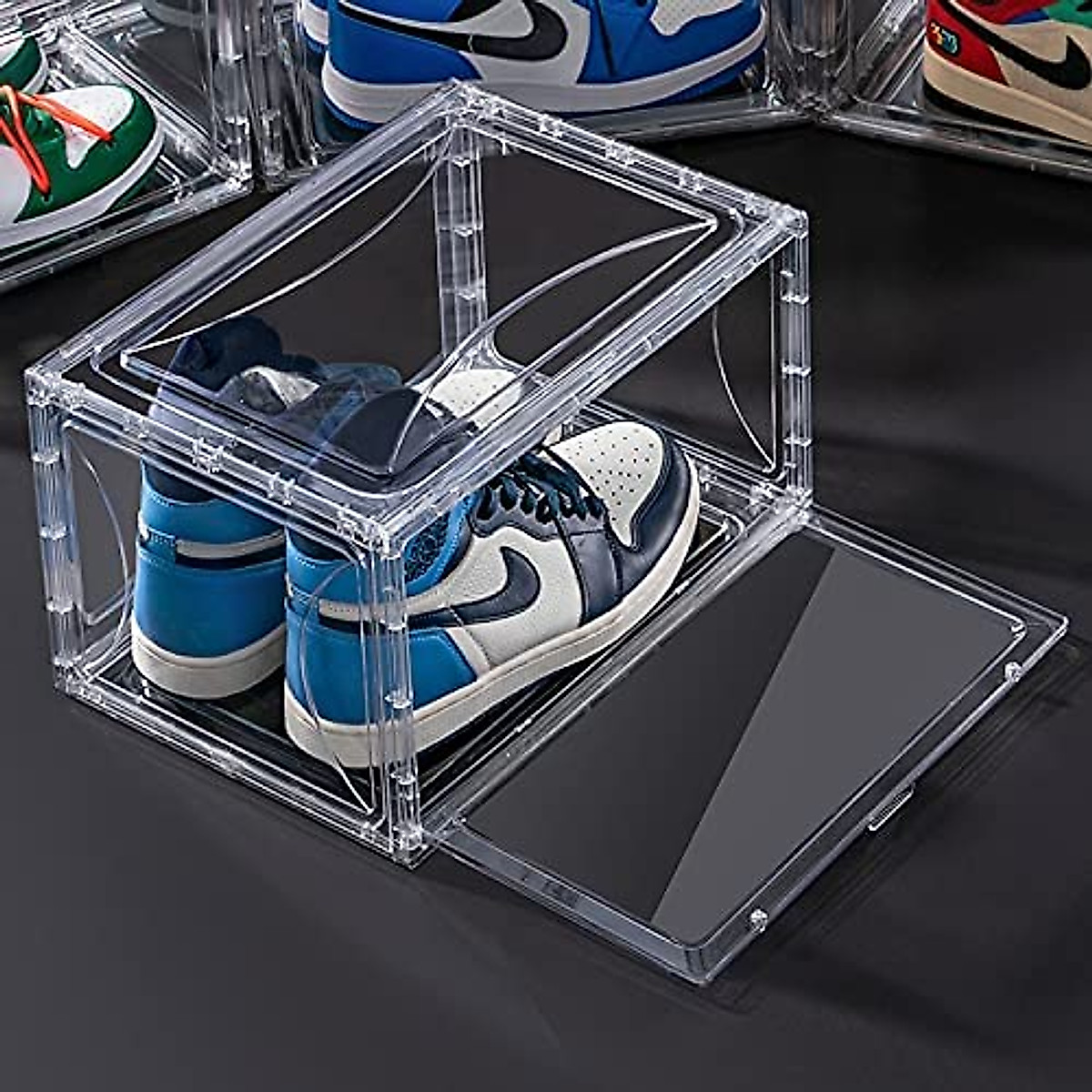 Siunzs Shoe Boxes Clear Plastic Stackable, Large Shoe Storage Box with Magnetic Door, Shoe Containers for Sneaker Display, 3 Pack Shoe Organizer, Easy Assembly, Fit up to US Size 12(14.6"x8.3"x10.2")