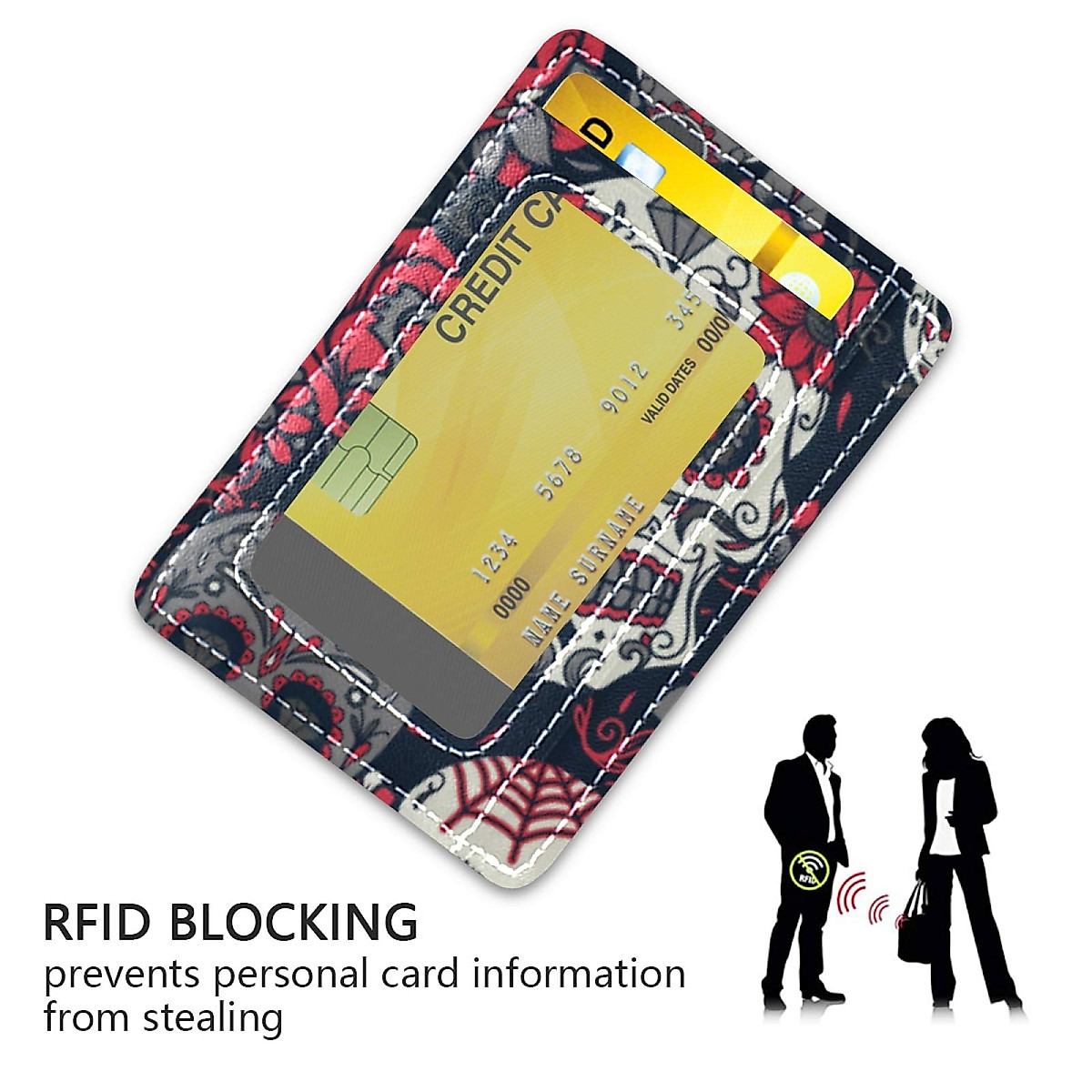 Linomo Thin leather Card Holder and Money Clip Floral Flower Sugar Skull Wallet RFID Blocking for Men & Women