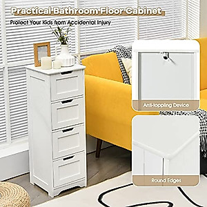 MAXCBD Nightstand Bedside Table Drawer Cabinet Bathroom Floor Cabinet Free-Standing Side Storage Organizer W /4 Drawers White Bathroom Cabinet Storage Tower Dresser