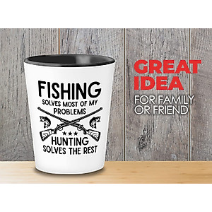 Bubble Hugs Hunting Lover Shot Glass 1.5oz - fishing solves most - Hunter Dad, Hunter Grandpa, Fisherman, Deer Lover, Bucks, Deer Horns, Duck Hunting, Fishing Shot Glass Dad Shot Glasses