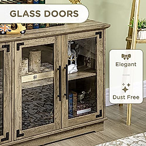 HOMCOM Farmhouse Sideboard, Buffet Cabinet, Coffee Bar Cabinet with 4 Glass Doors, Credenza, Distressed Grey